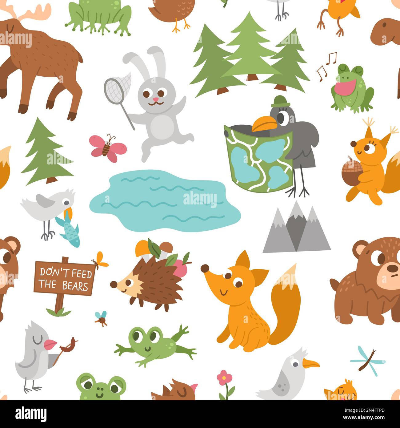 Vector seamless pattern with forest animals, insects and birds. Funny ...