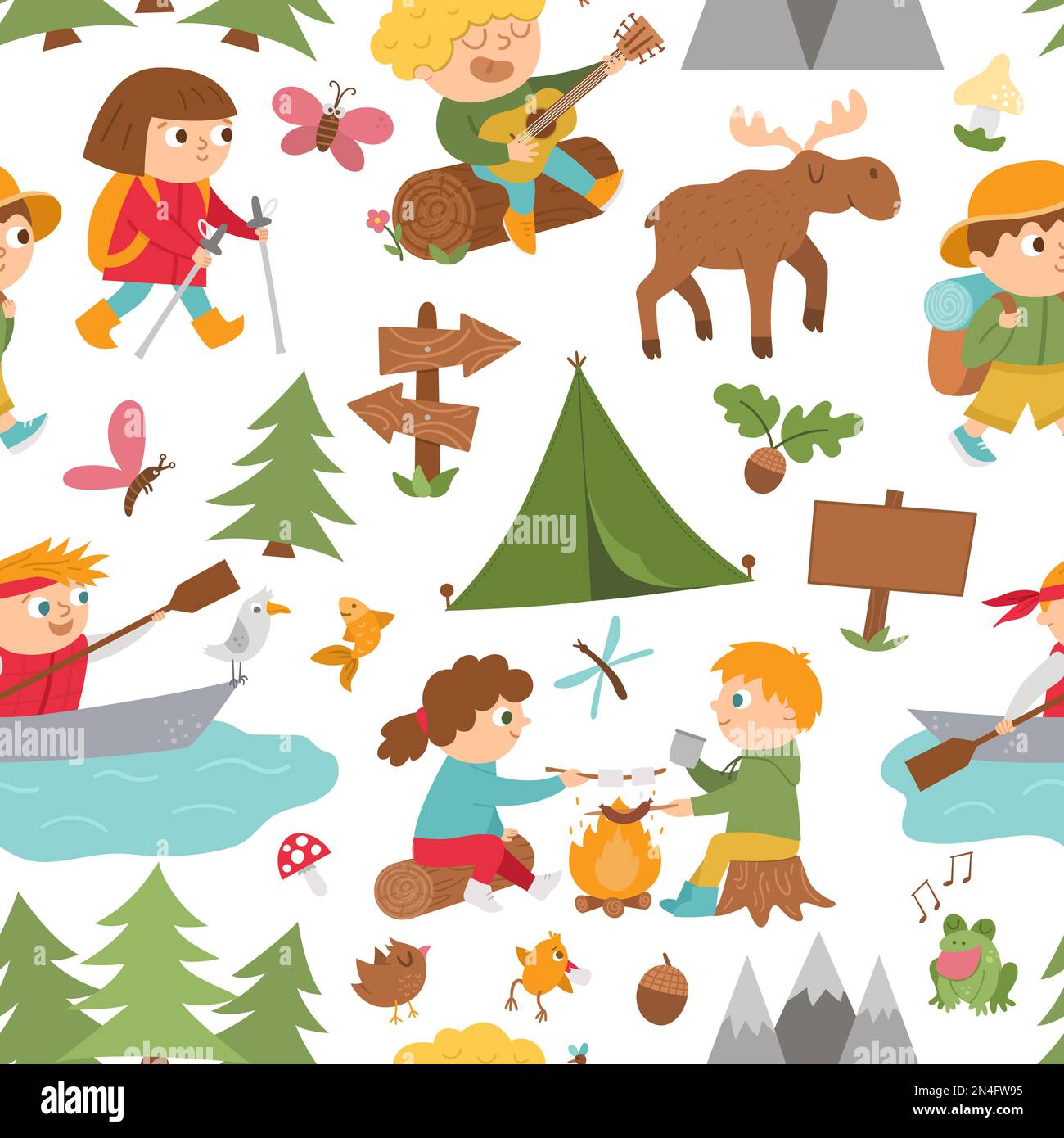 Vector seamless pattern with cute children doing summer camp activities ...