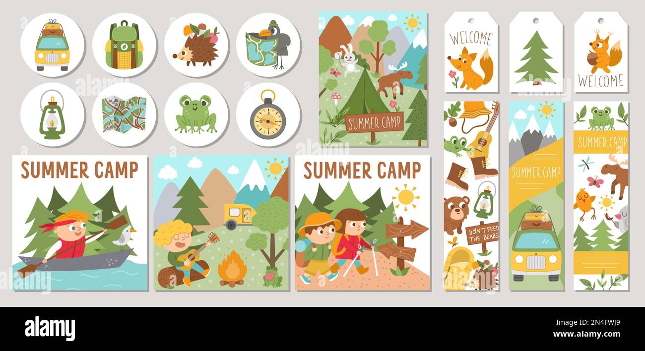 Cute set of Summer camp cards with forest animals, camping elements and ...