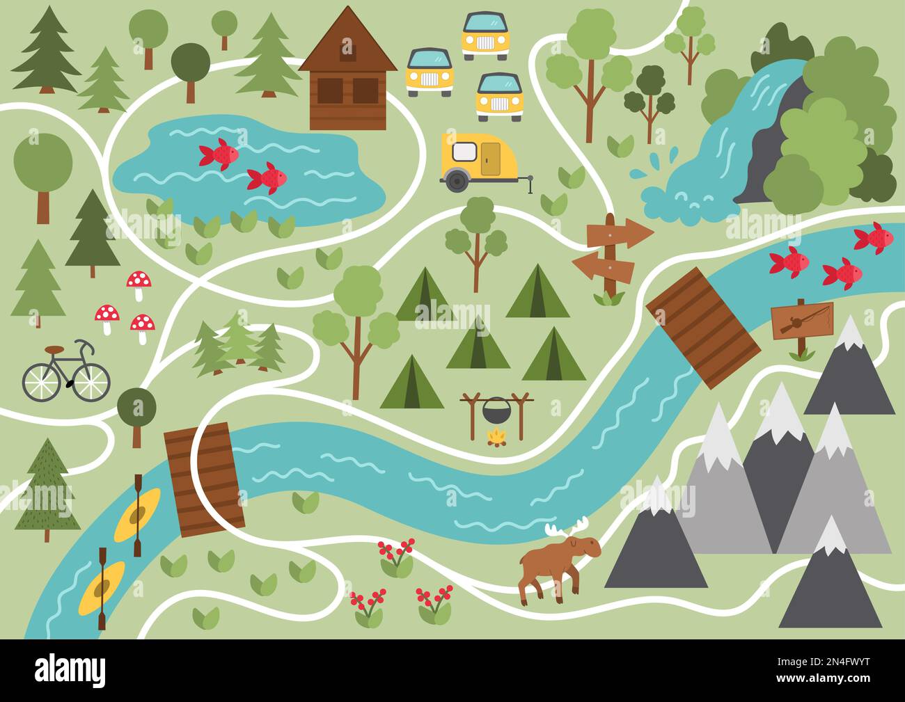 Camping map. Summer camp background. Vector nature clip art or ...