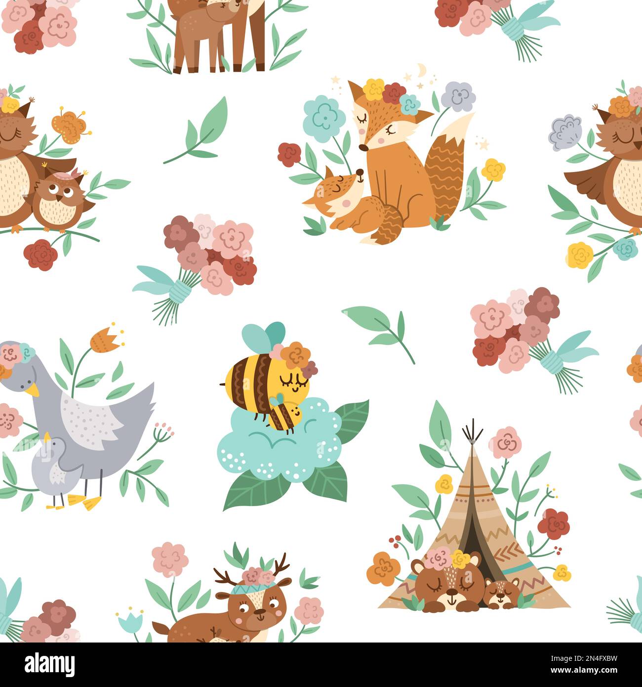 Vector seamless pattern with flowers, cute boho baby animals and ...