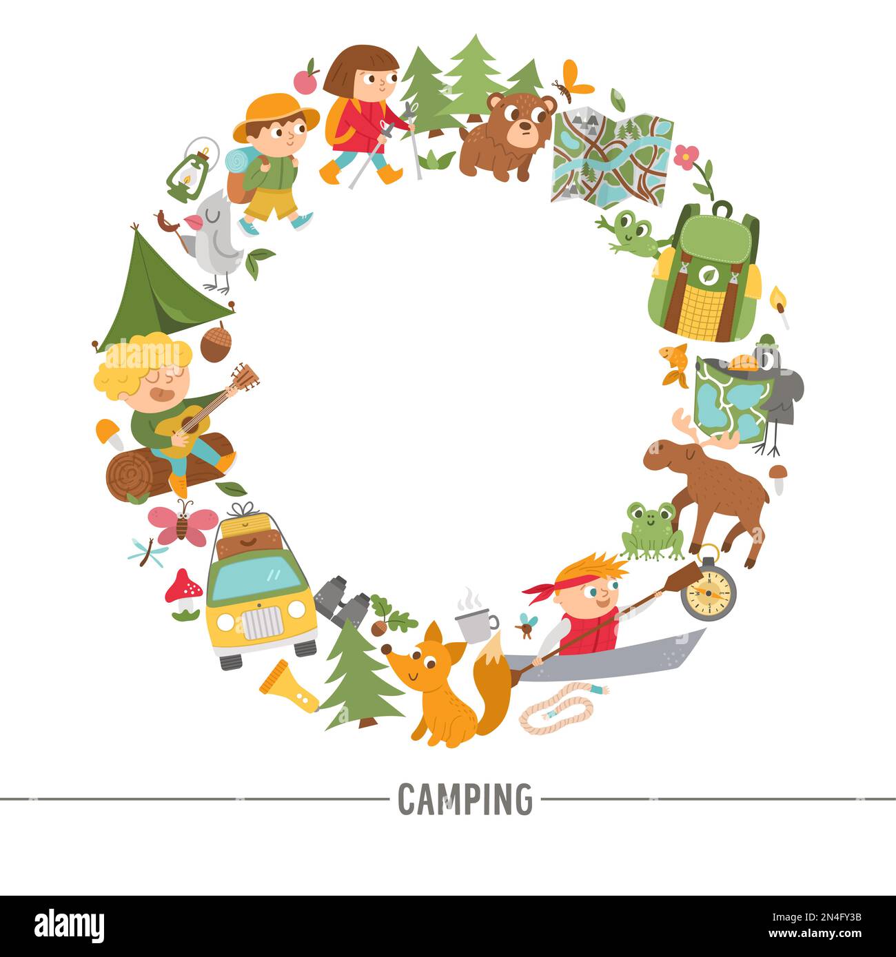 Vector round frame or wreath with cute comic forest animals, elements ...