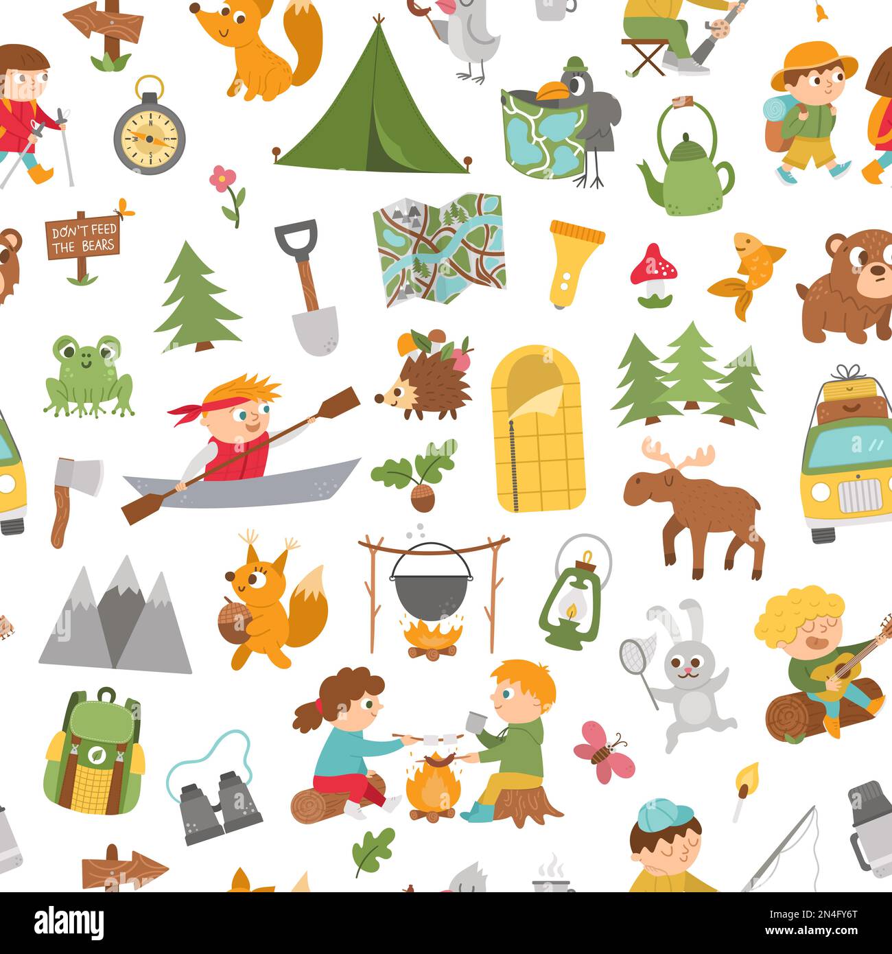 Vector summer camp seamless pattern. Camping, hiking, fishing equipment ...