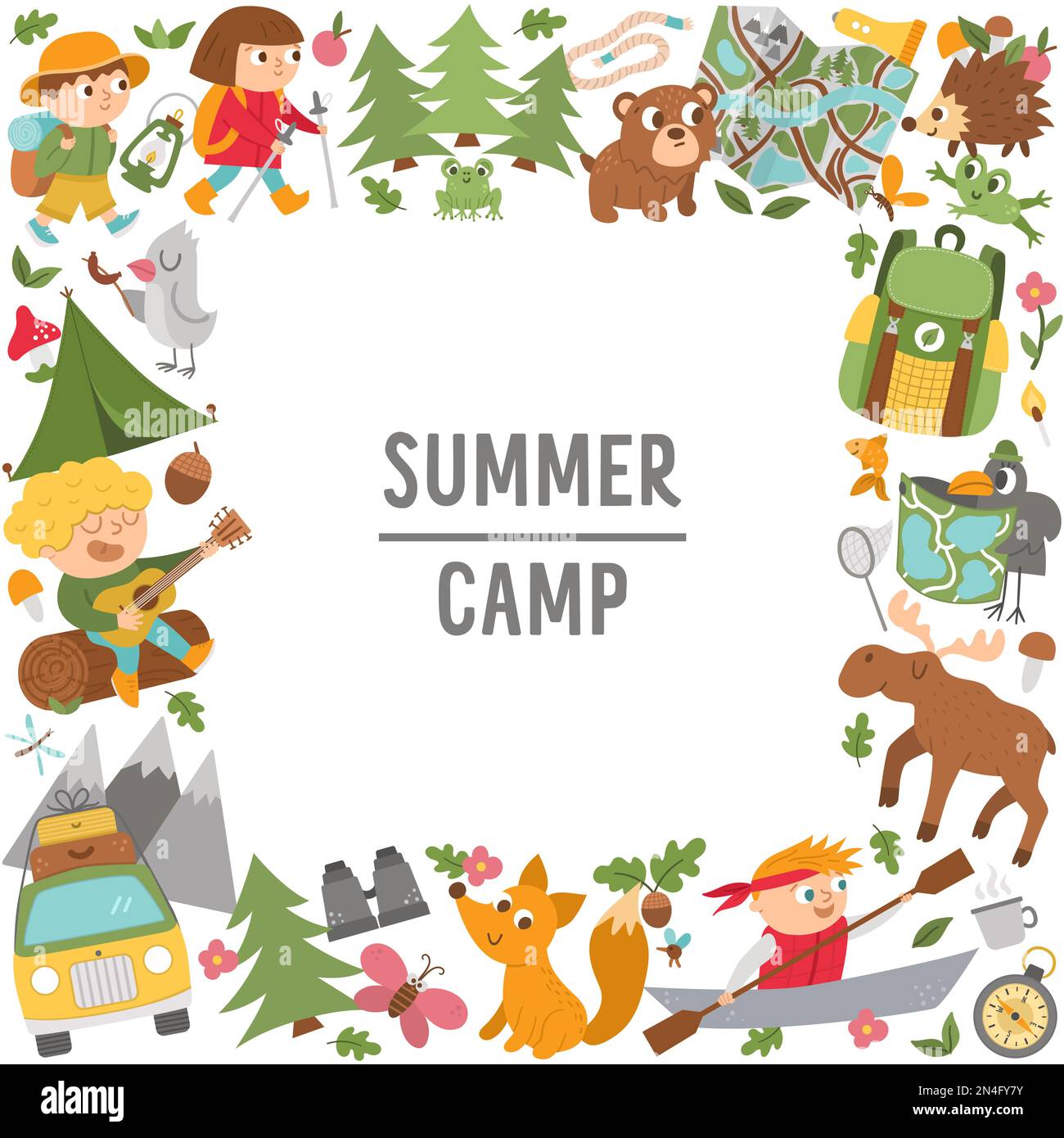 Vector square frame or border with cute comic forest animals, elements ...