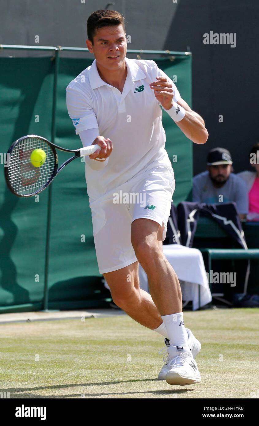 Milos Raonic of Canada plays a return to Kei Nishikori of Japan in ...