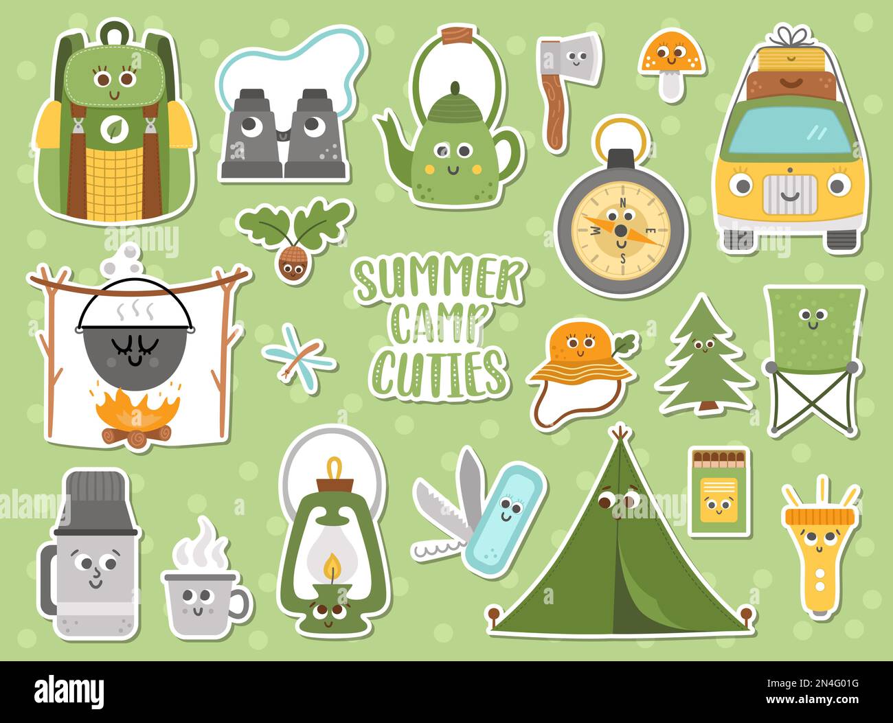 Vector summer camp cute kawaii stickers set. Camping, hiking, fishing ...