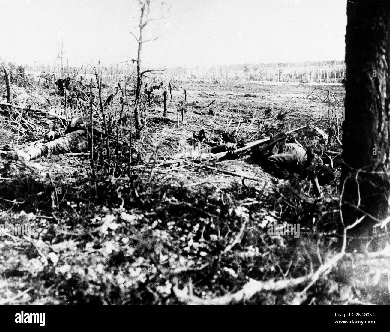 Bodies of dead soldiers strewn across the battlefield after a charge ...