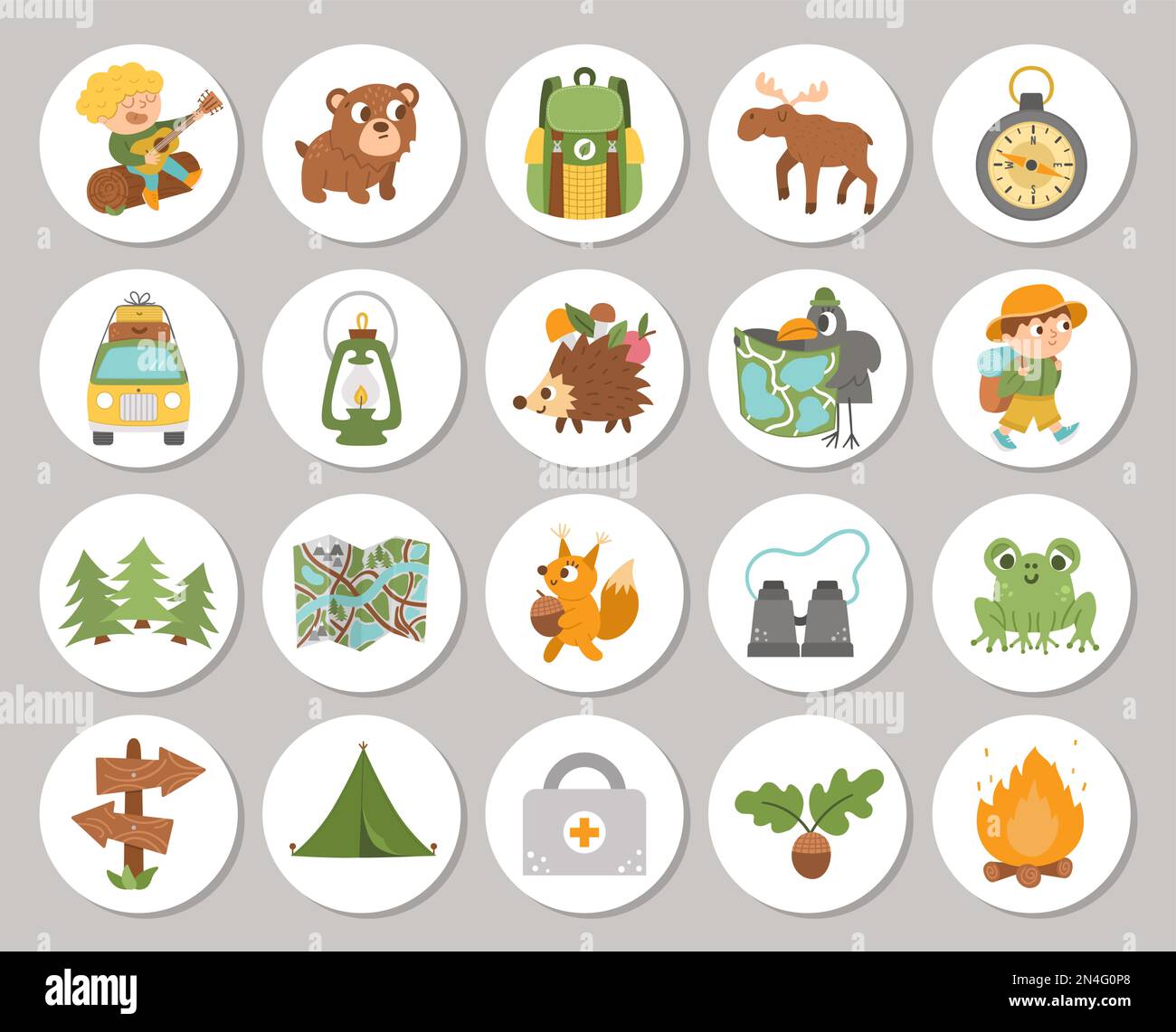 Cute set of Summer camp round cards with cute forest animals, camping ...
