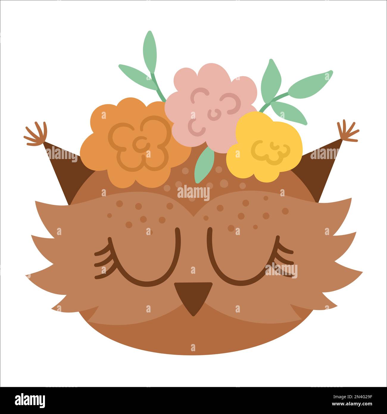 Vector cute wild animal face with flowers on head and closed eyes. Boho ...
