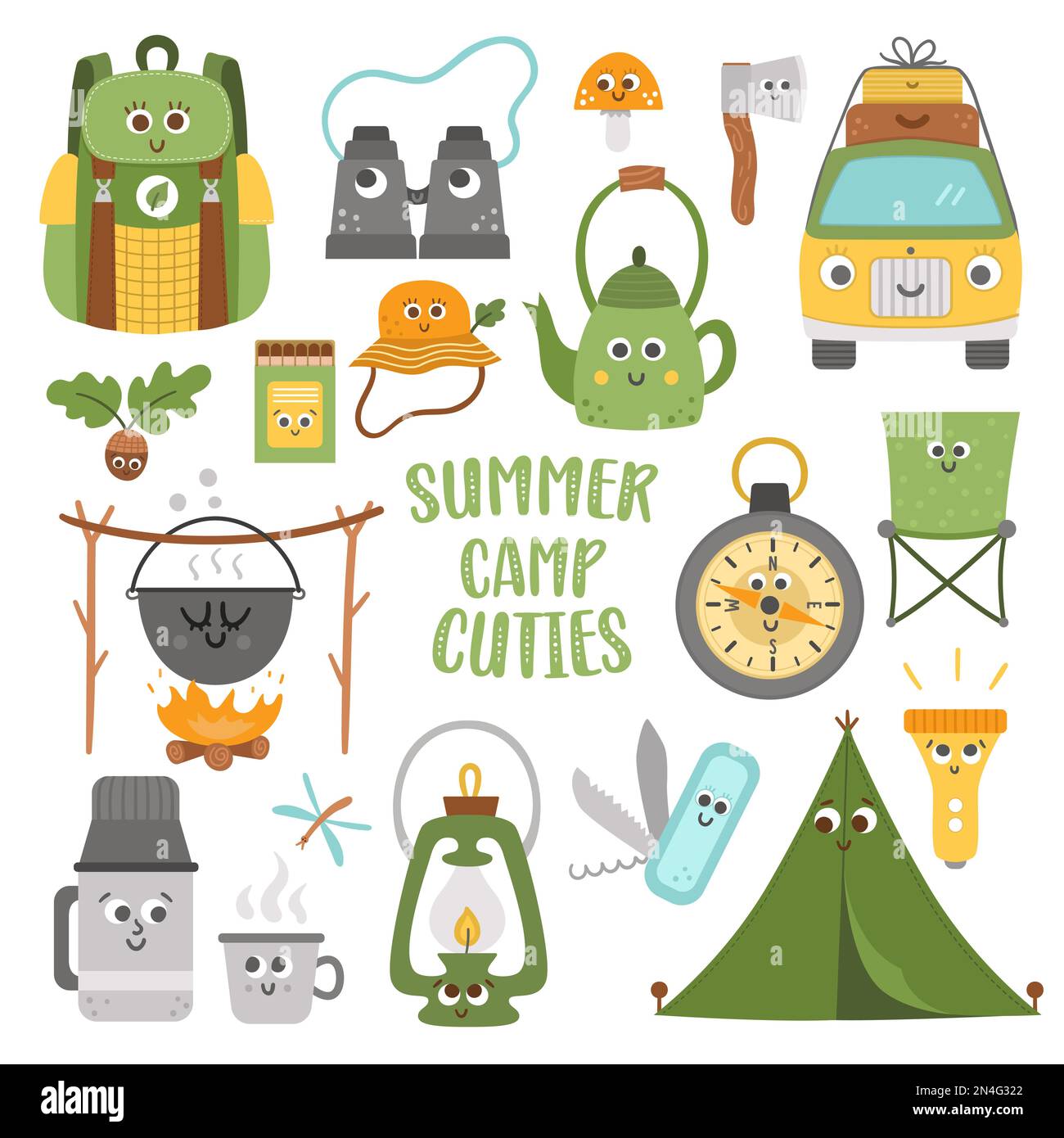 Vector summer camp cute kawaii elements set. Camping, hiking, fishing ... Vector summer camp cute kawaii elements set. Camping, hiking, fishing ...