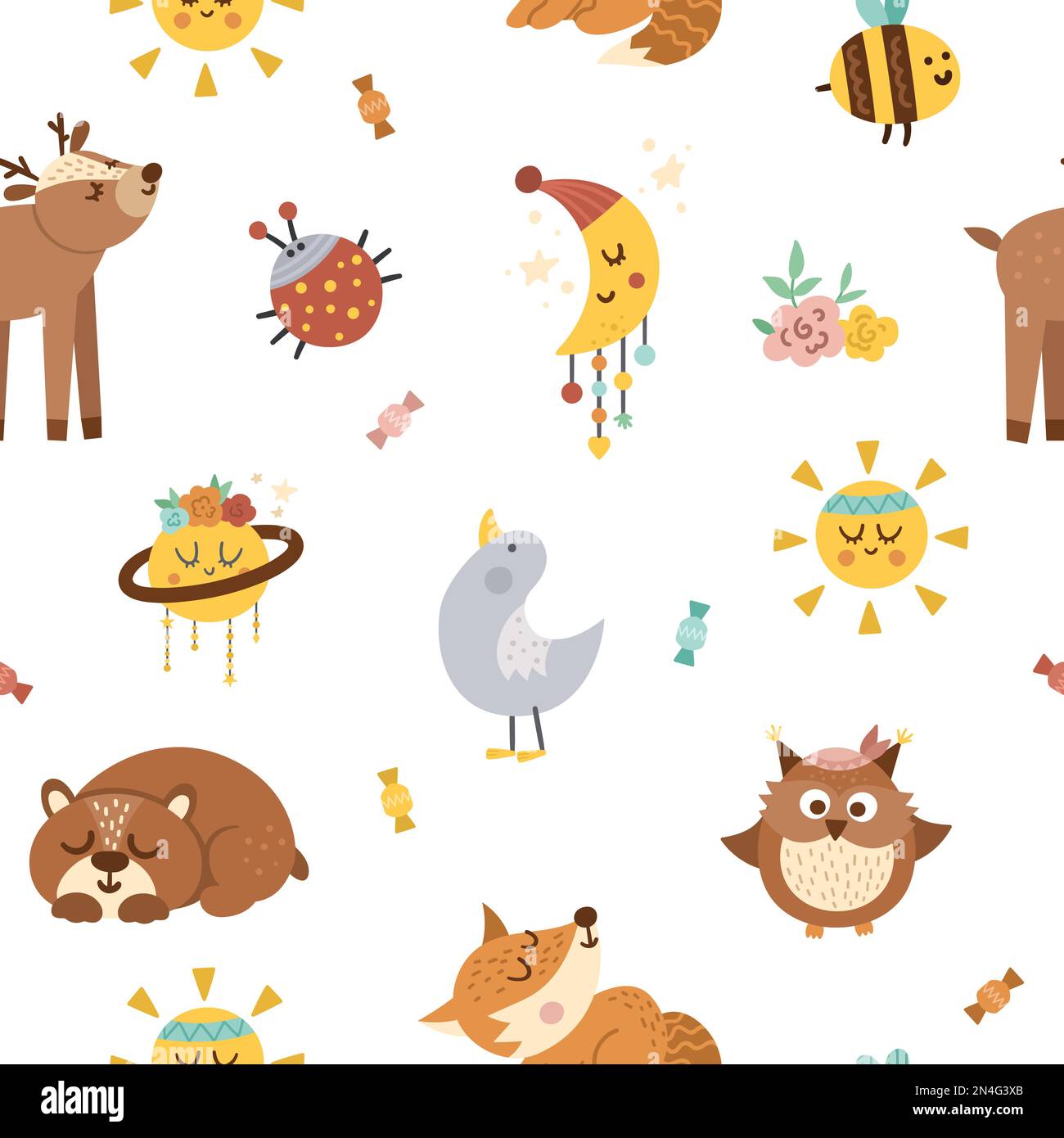 Vector seamless pattern with woodland baby animals half moon, planet ...
