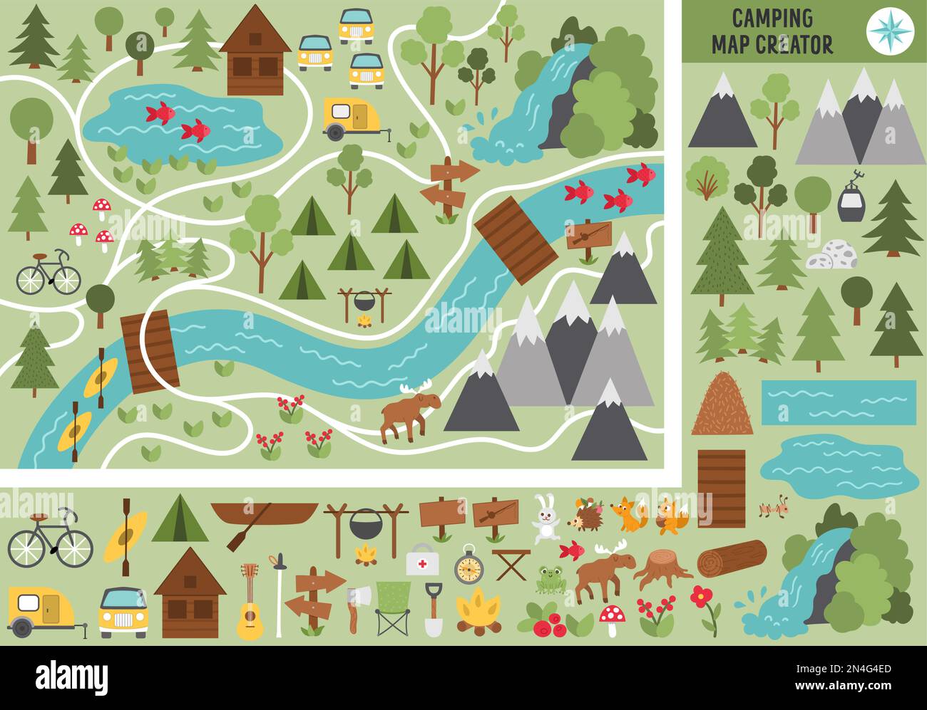 Camping map creator. Set of flat cartoon elements for constructing ...