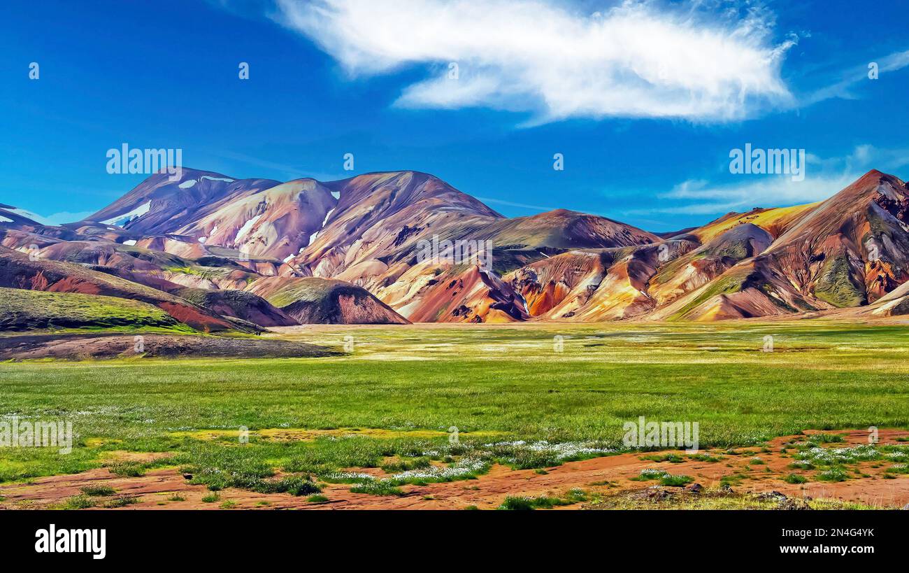 Beautiful icelandic landscape, wide green lonely valley, colorful ...