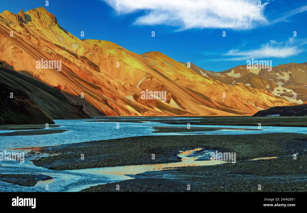 Beuatiful icelandic landscape in morning sun, Tungnaa river with low ...