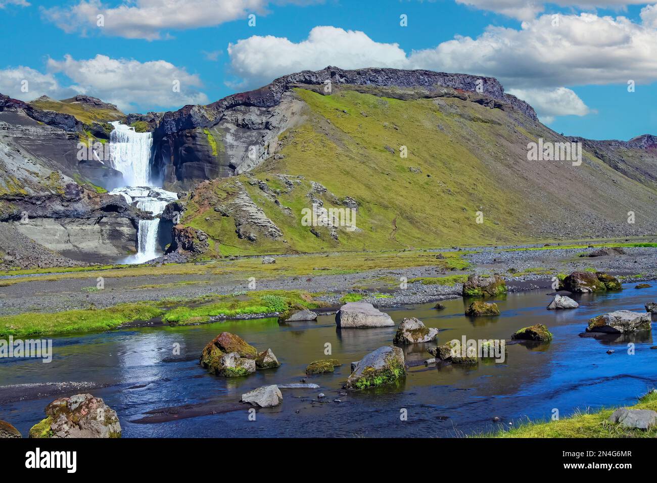Beautiful icelandic landscape, river and small waterfall, blue summer ...