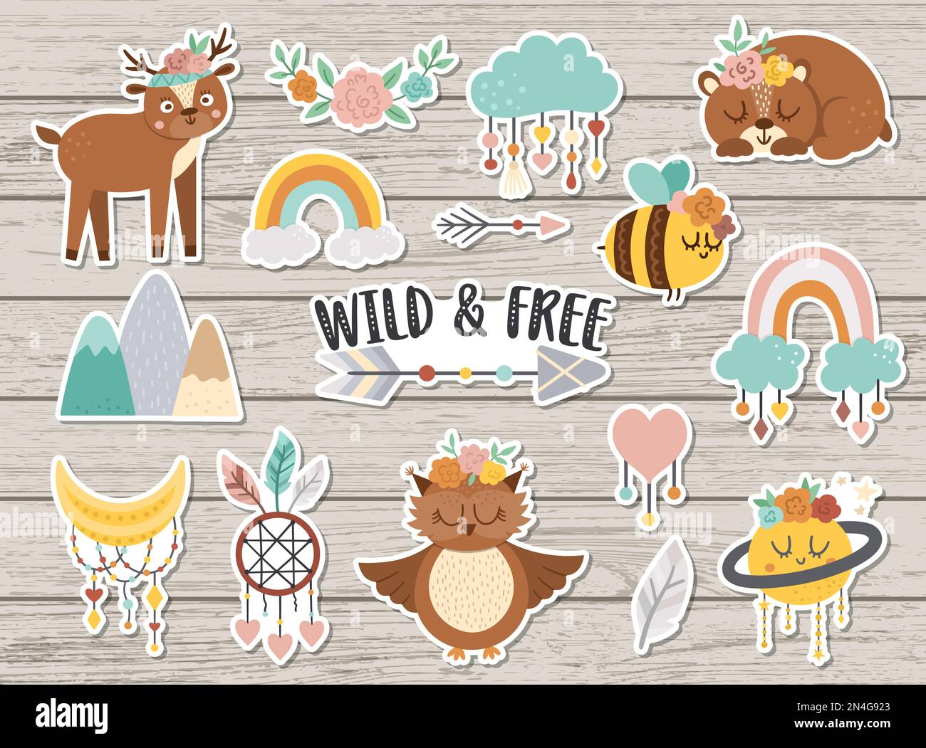 Vector set of wild and free stickers. Collection of cute characters and ...