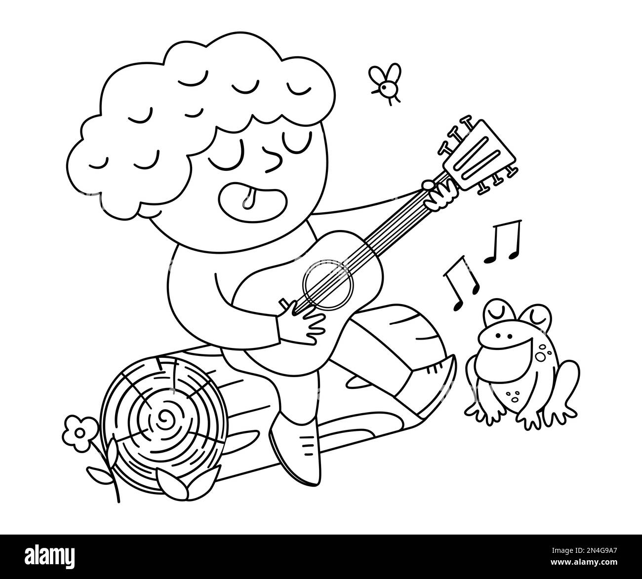 Vector black and white cute boy playing the guitar and singing sitting ...