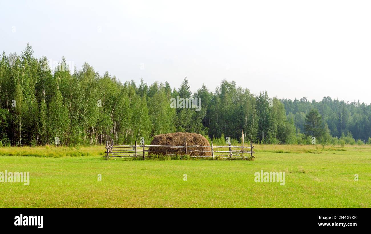 A haystack behind a small fence fence stands among a green field on the ...