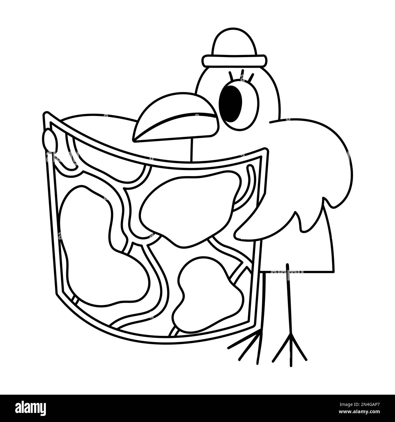 Vector black and white bird in hat looking at the map. Funny woodland ...