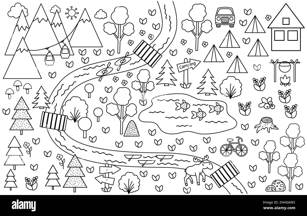 Black and white camping map. Summer camp background. Vector nature clip ...