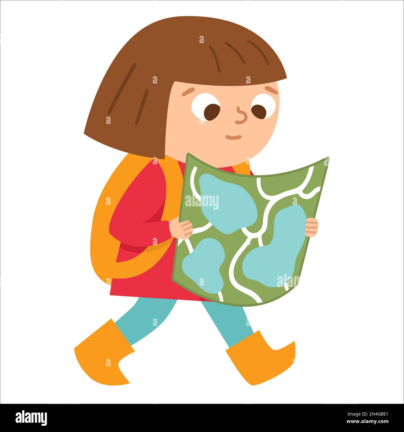Cute girl walking with backpack and map. Kid doing summer activity ...