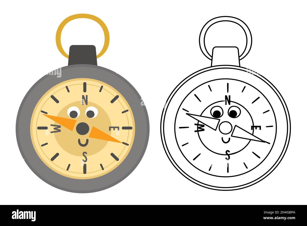 Vector kawaii compass colored and black and white illustration. Camping ...