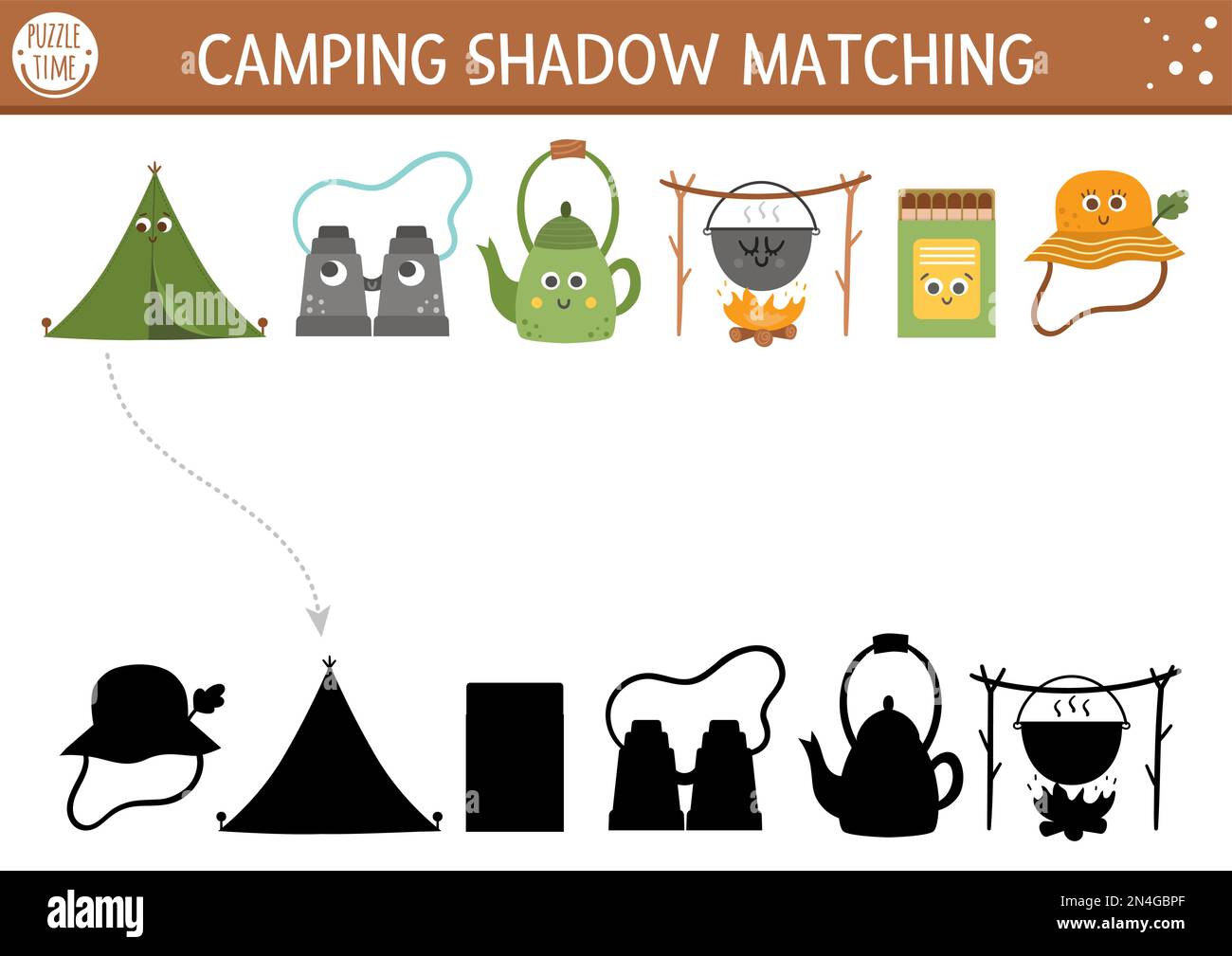 Summer camp shadow matching activity for children with cute kawaii ...