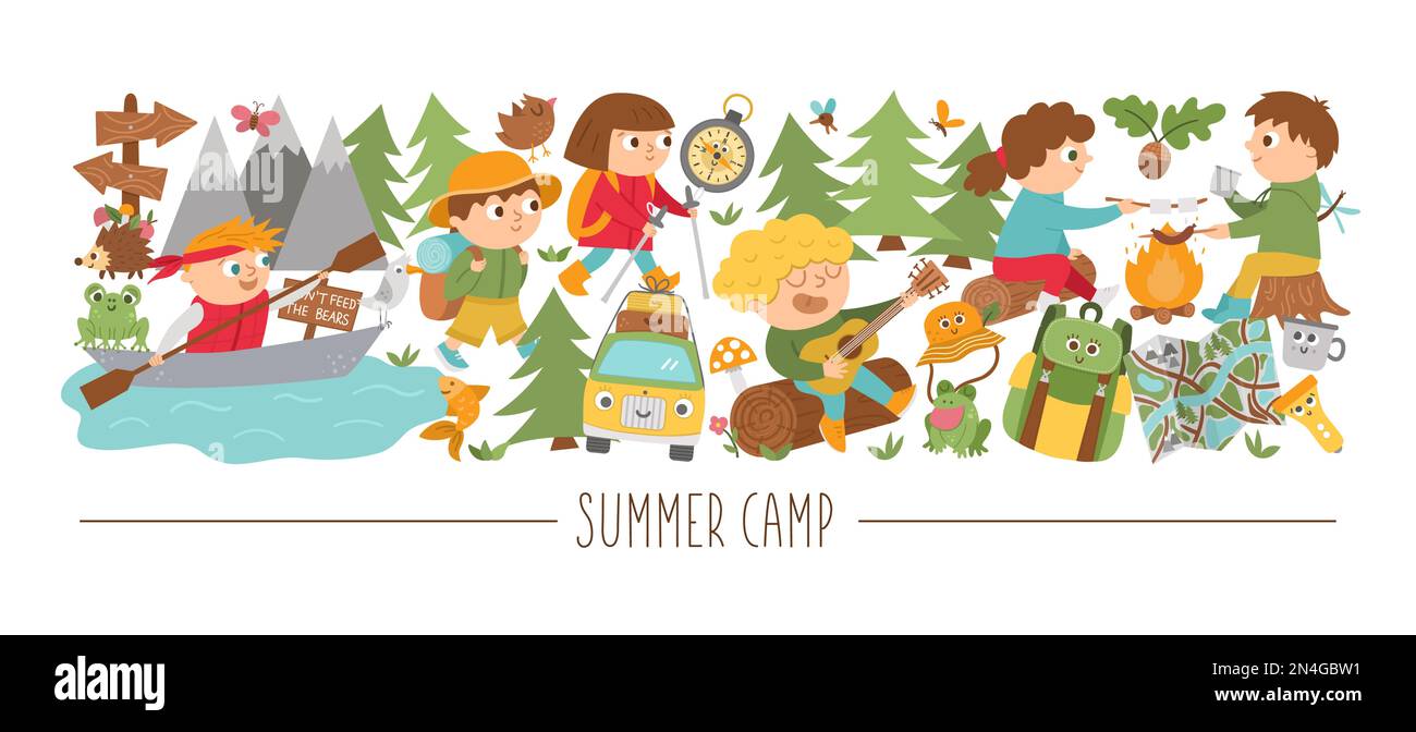 Vector horizontal set with cute comic forest animals and children doing ...