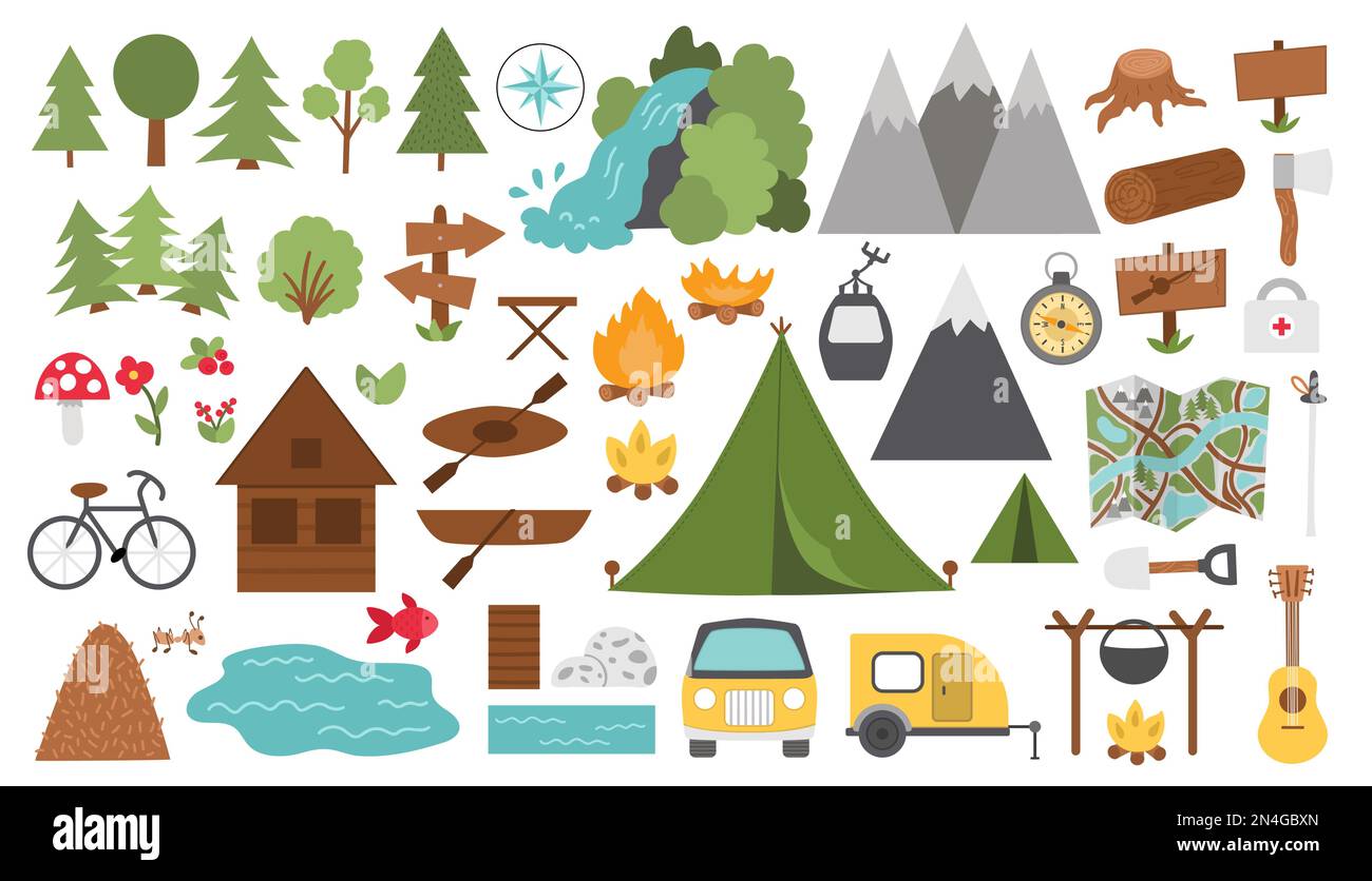 Vector black and white summer camp set. Forest, woodland, nature ...