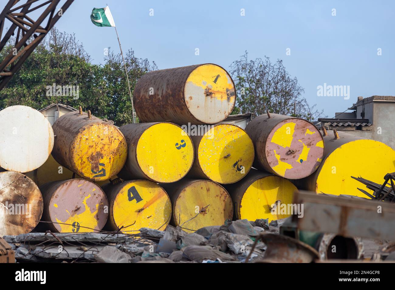 pile of yellow barrels Stock Photo - Alamy