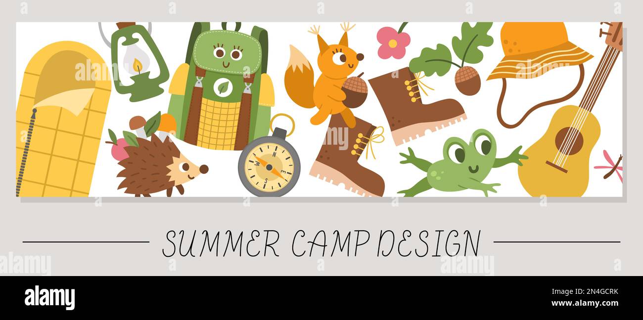 Cute Summer camp horizontal card with forest animals and camping ...