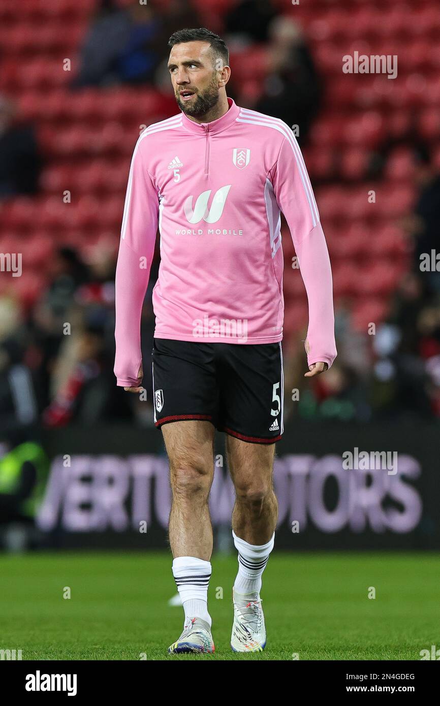 Shane Duffy #5 of Fulham during the pre-game warmup ahead of the ...
