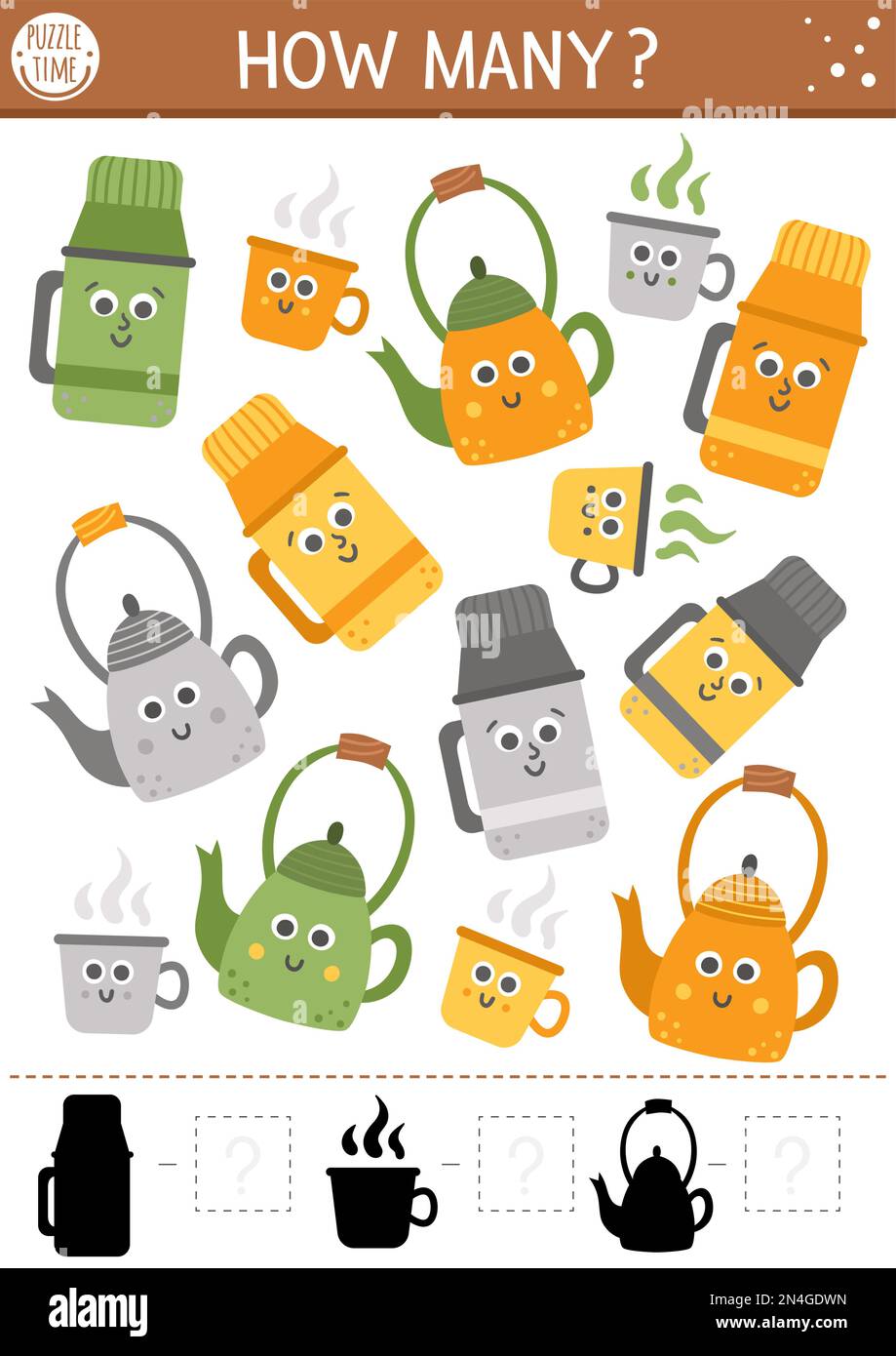Counting and shape recognition game with cute thermos, cup and kettle ...