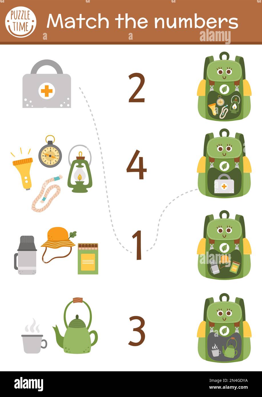Match the numbers game with kawaii backpack and camping equipment ...