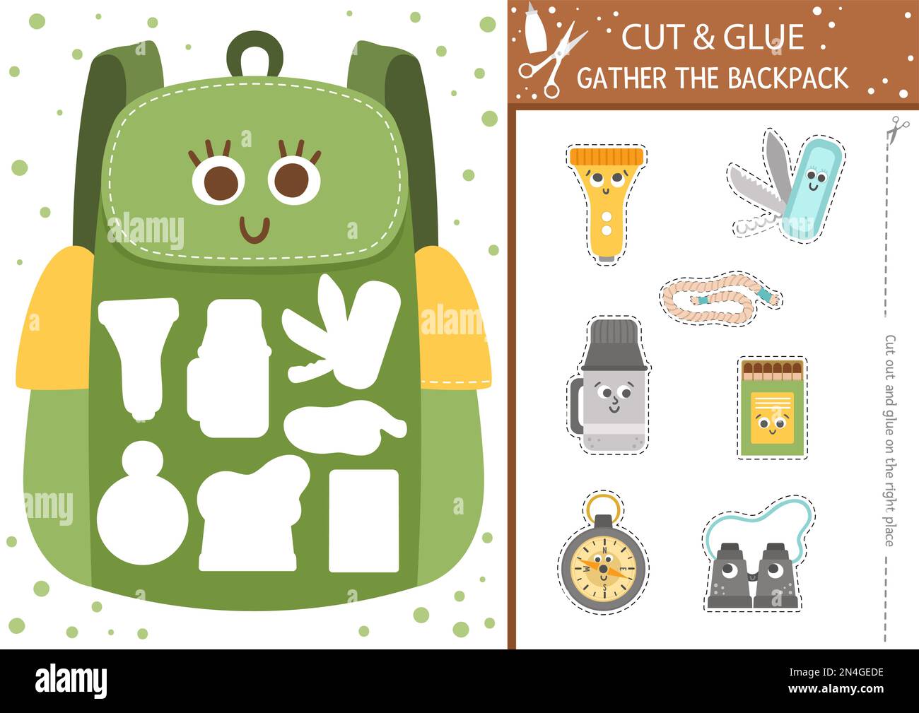 Vector camping cut and glue activity. Summer camp educational crafting ...