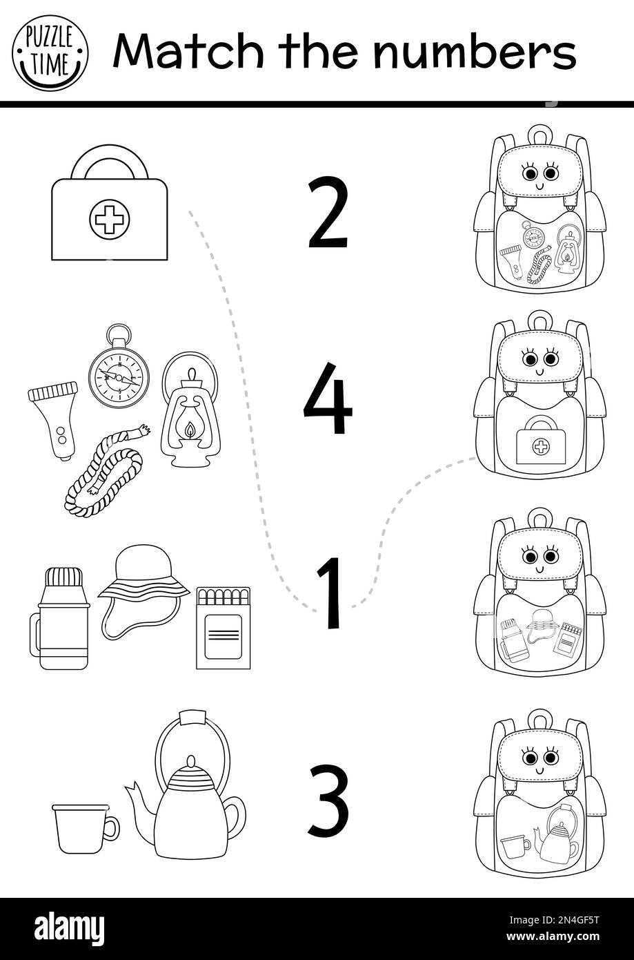 Match the numbers black and white game with kawaii backpack and camping ...