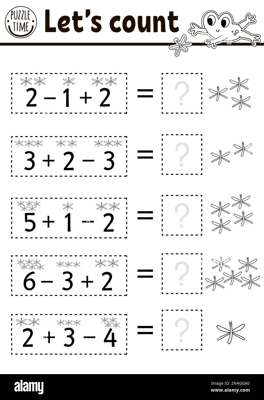 How many dragonflies black and white game with cute insects and frog ...