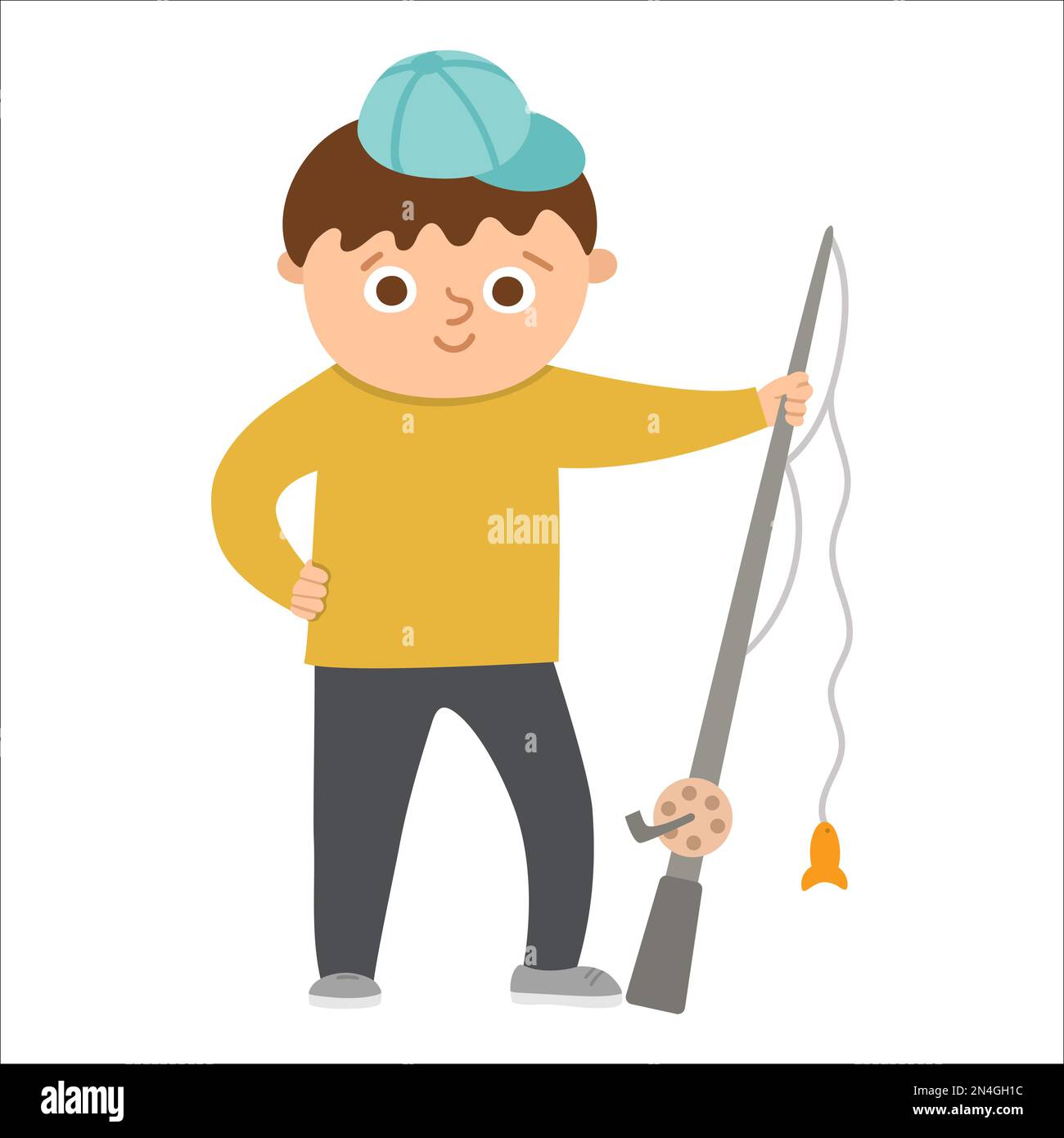 Cute boy standing with rod. Happy kid ready for fishing. Vector summer ...