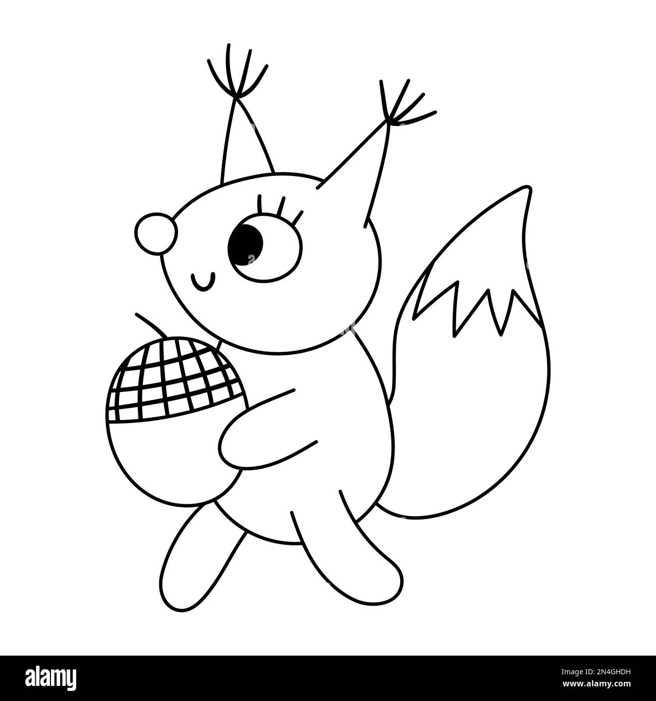 Vector black and white squirrel carrying acorn. Funny woodland animal ...
