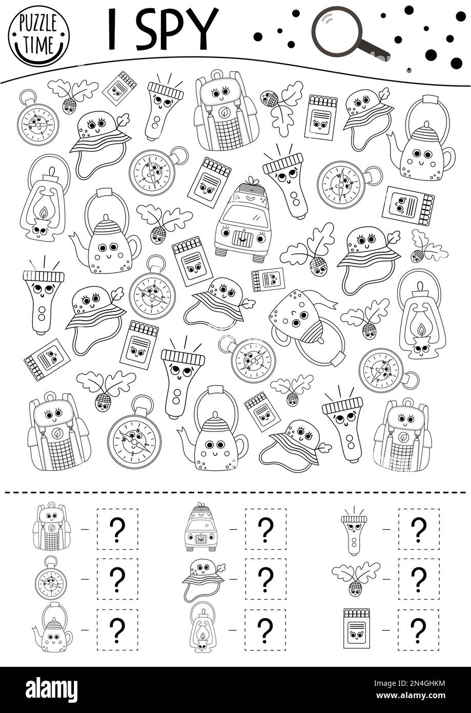 Camping I spy black and white game for kids. Searching and counting ...