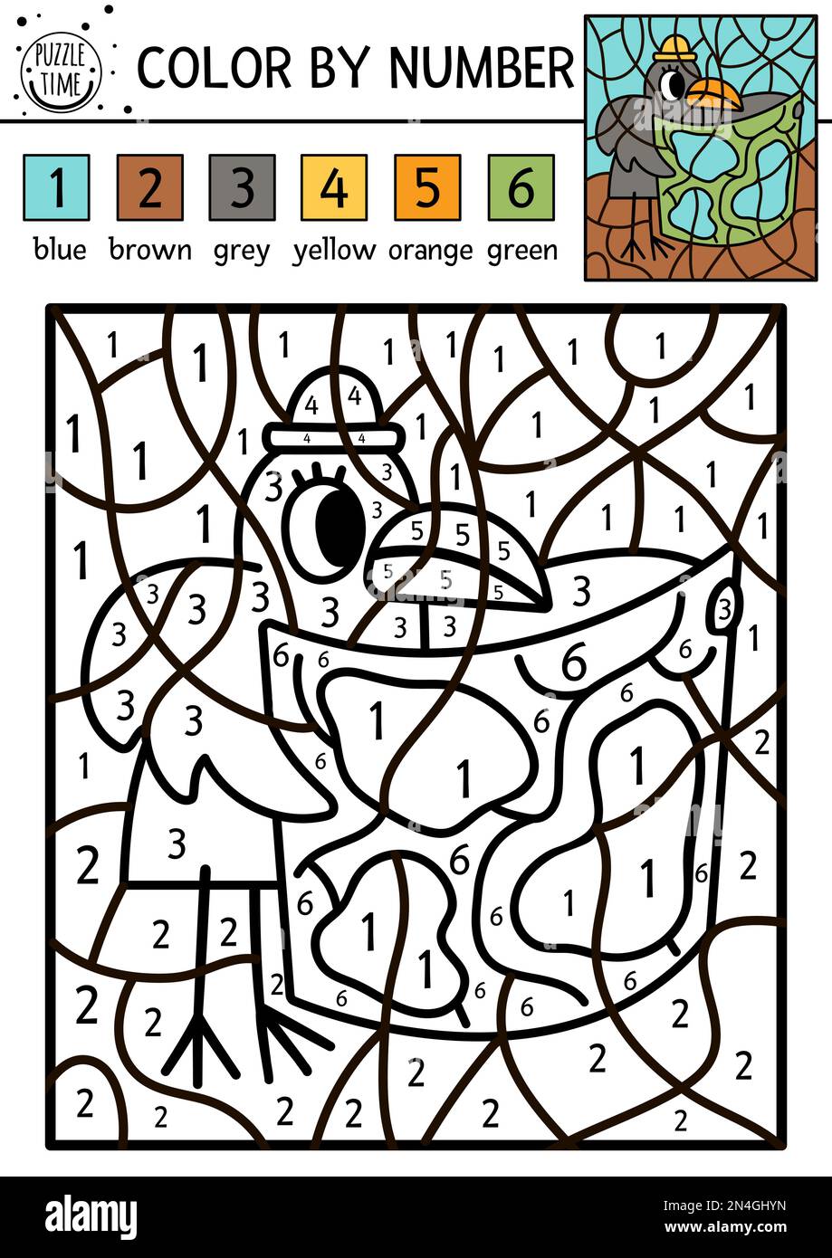 Vector forest color by number activity with raven looking in the map ...
