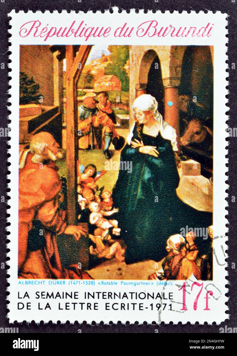 Cancelled postage stamp printed by Burundi, that shows painting Holy ...