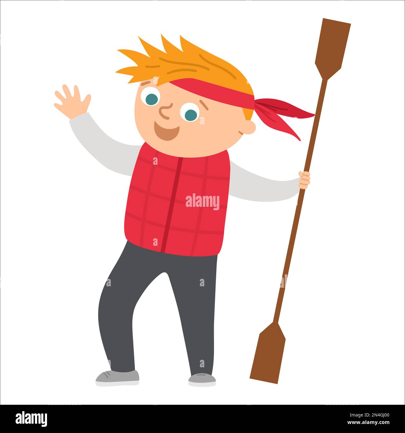 Cute boy standing with paddle and hands up. Happy kid ready for rafting ...