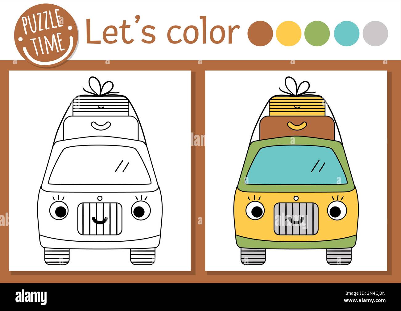 Camping coloring page for children. Funny kawaii van with suitcases ...