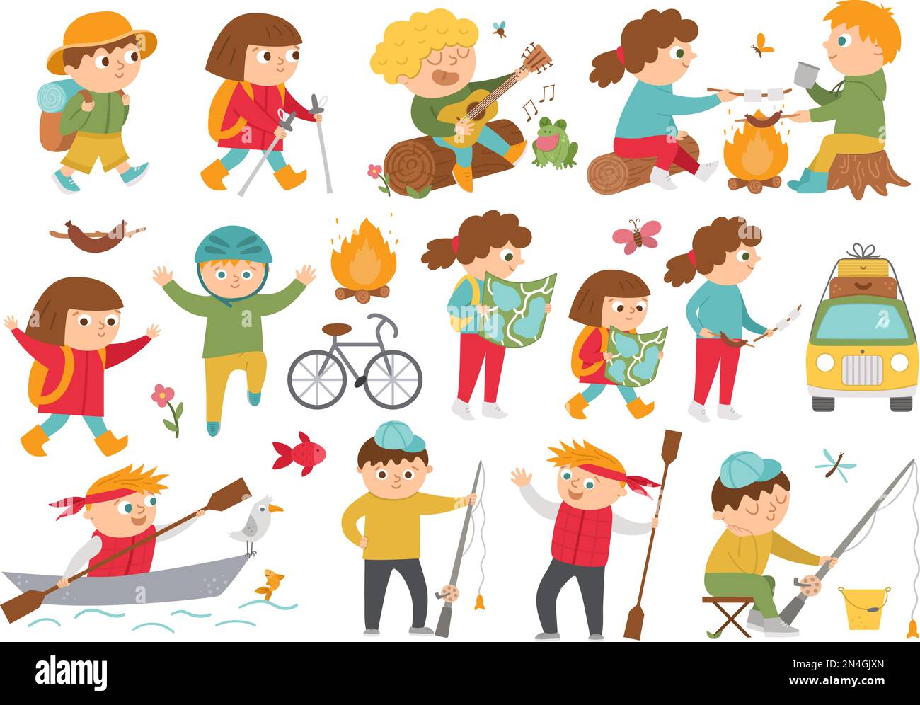 Cute hiking kids doing summer activities. Vector summer camp set ...