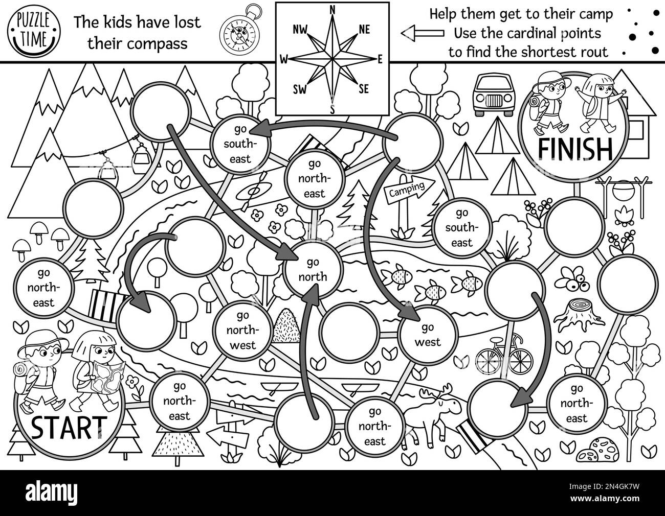 Black and white summer camp dice board game for children with map ...