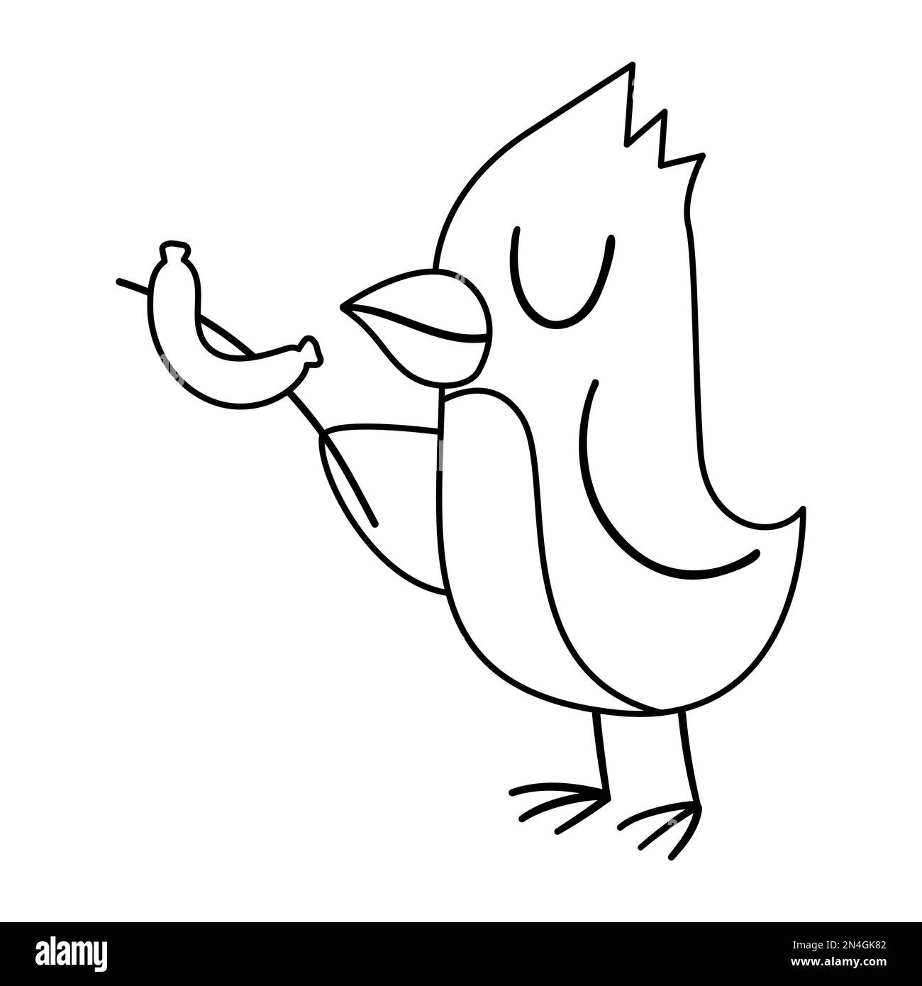 Vector black and white bird with sausage on a twig. Funny woodland ...