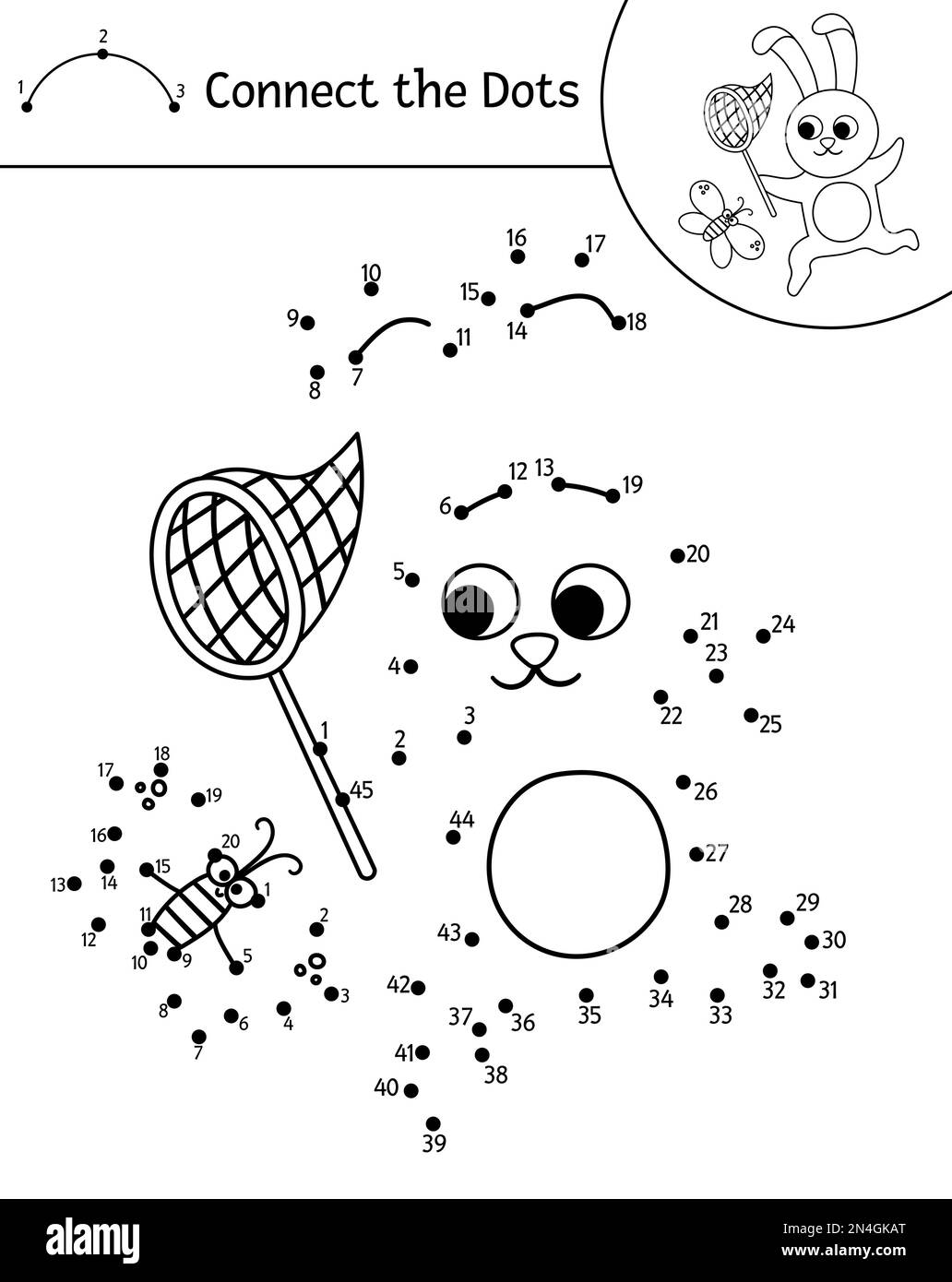 Vector forest dot-to-dot and color activity with cute hare catching ...