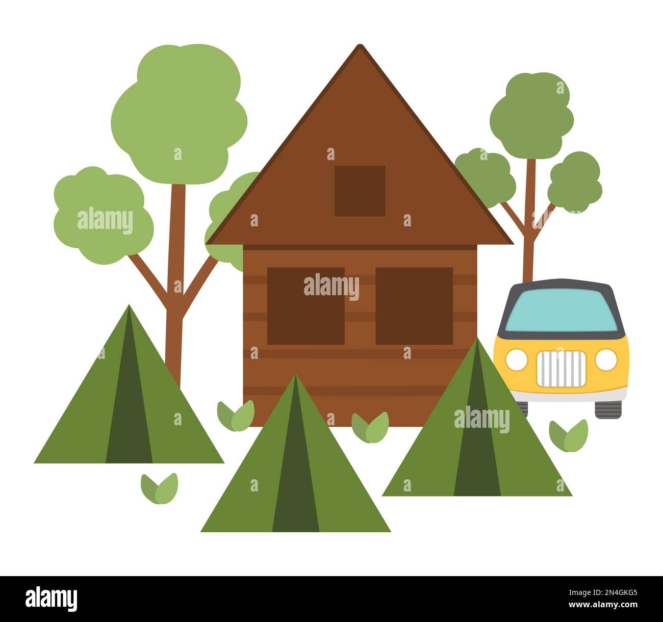 Summer camp scene with house, green tent, van, forest. Vector campfire ...