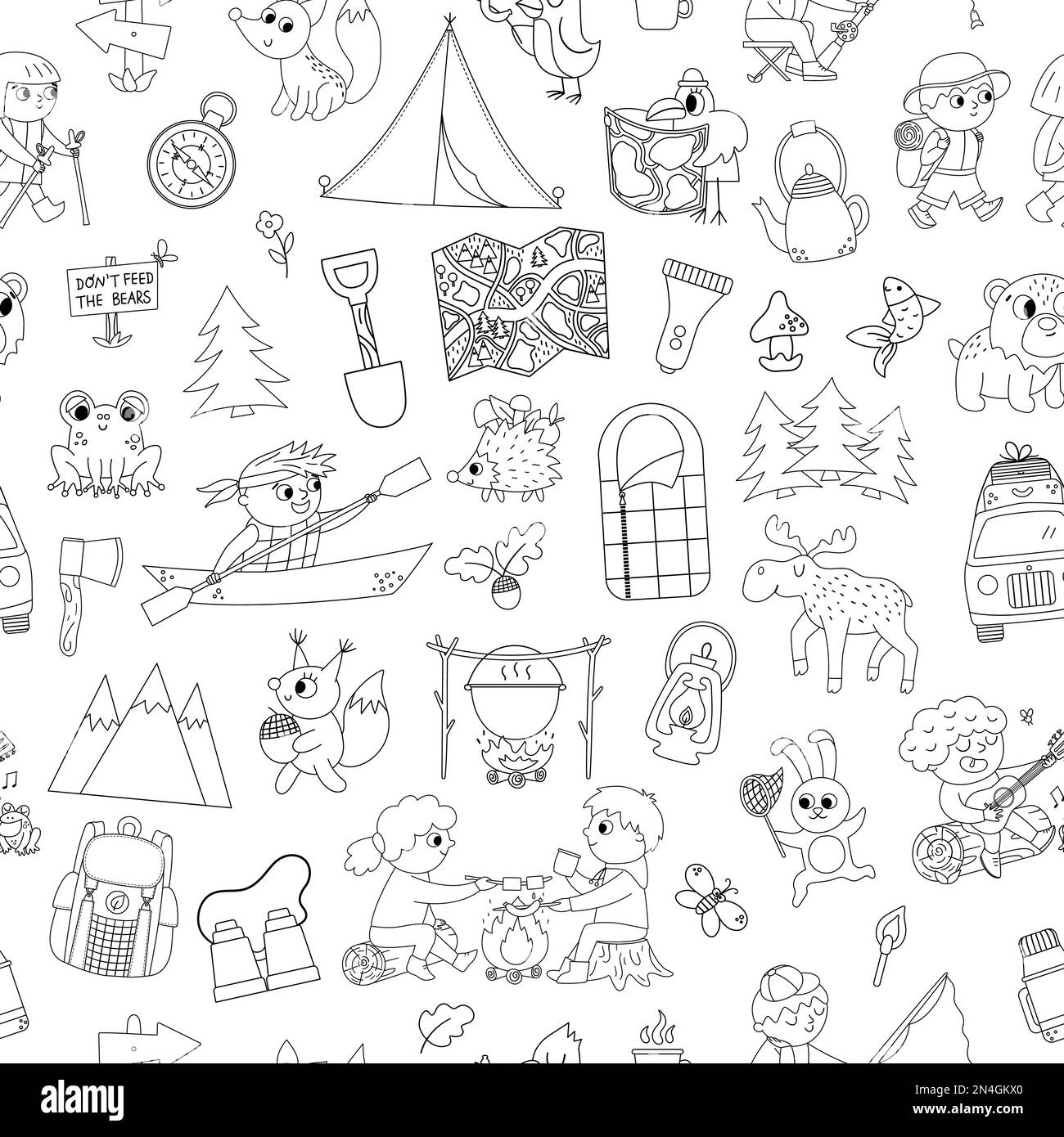 Vector black and white seamless pattern with cute children doing summer ...